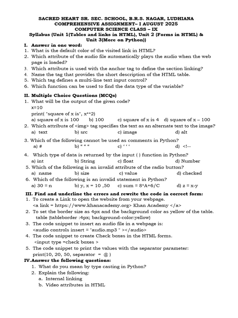 Computer Science Assignment I Class Ix 2025 | PDF | Html Element | Software Development