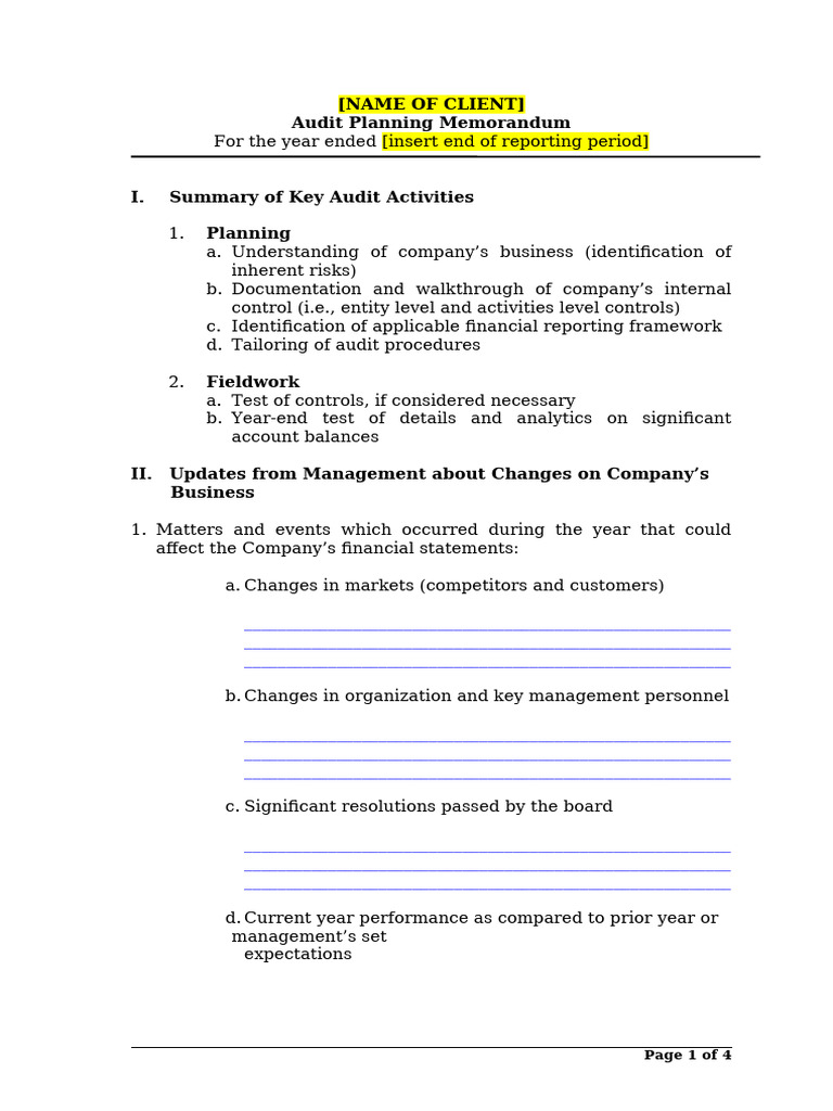 Sample Audit Planning Memorandum | PDF | Audit | Risk