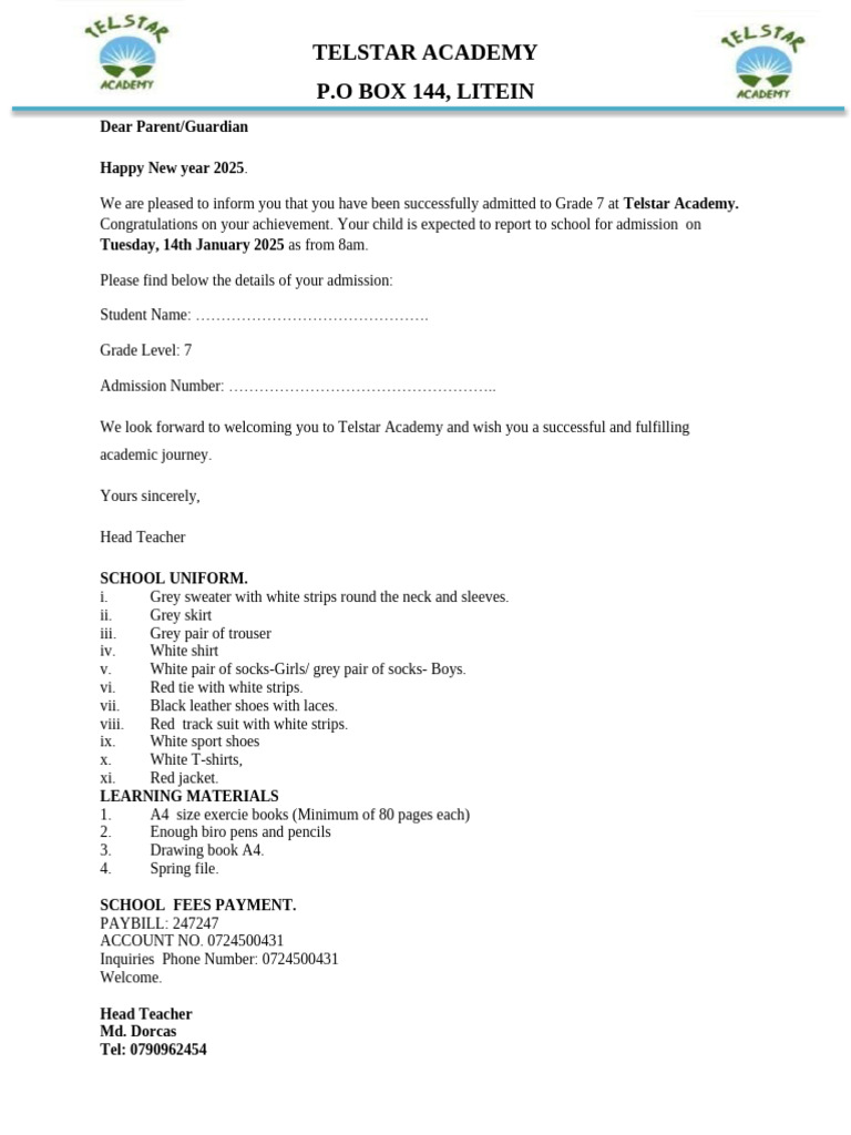 Telstar Academy Admission Letter Grade 7 | PDF