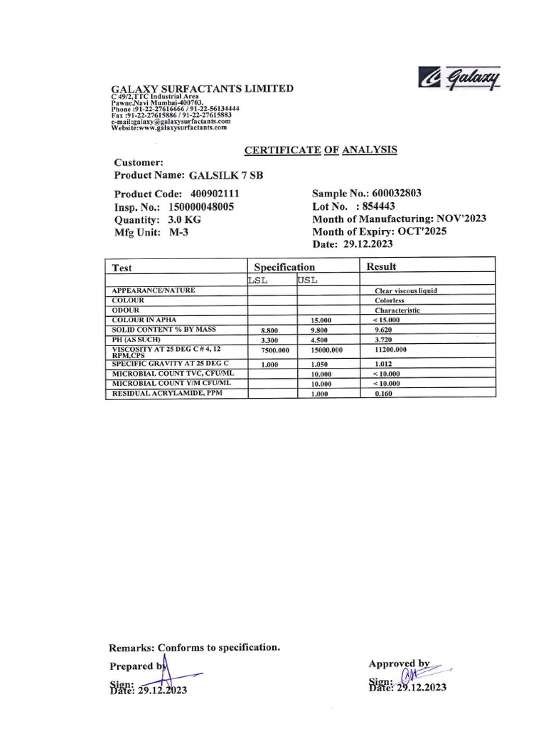 COA - Galsilk 7sb | PDF
