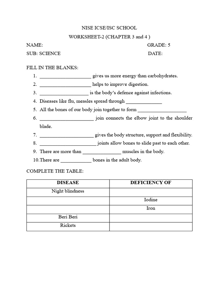 Deficiency Diseases Worksheet for Grade 5 | PDF