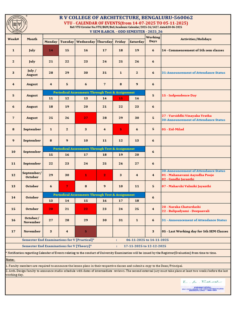 RVCA - Academic Calendar - V Sem B.arch. (VTU) - Odd Sem - 2025-26 ...