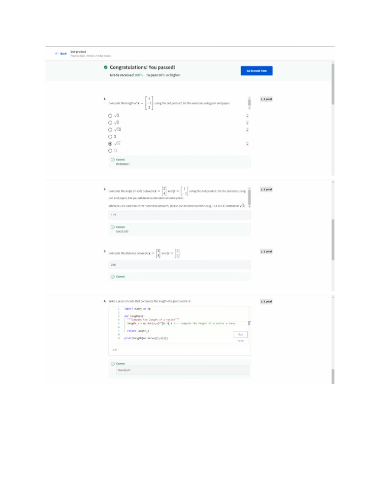 Course 3 Week 2 Practice Quiz 1 Dot Product | PDF