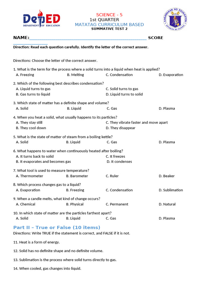 Grade 5 Science Summative Test Q1 | PDF | Liquids | Heat