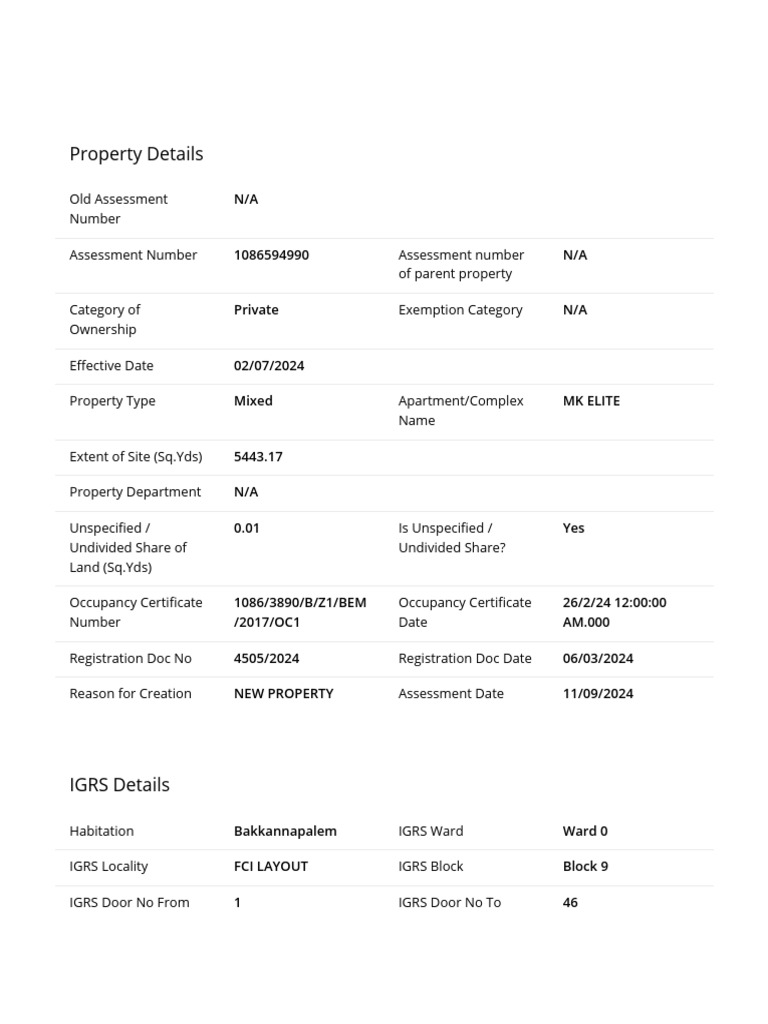 MK Elite Property Assessment Details | PDF | Payments | Government Finances