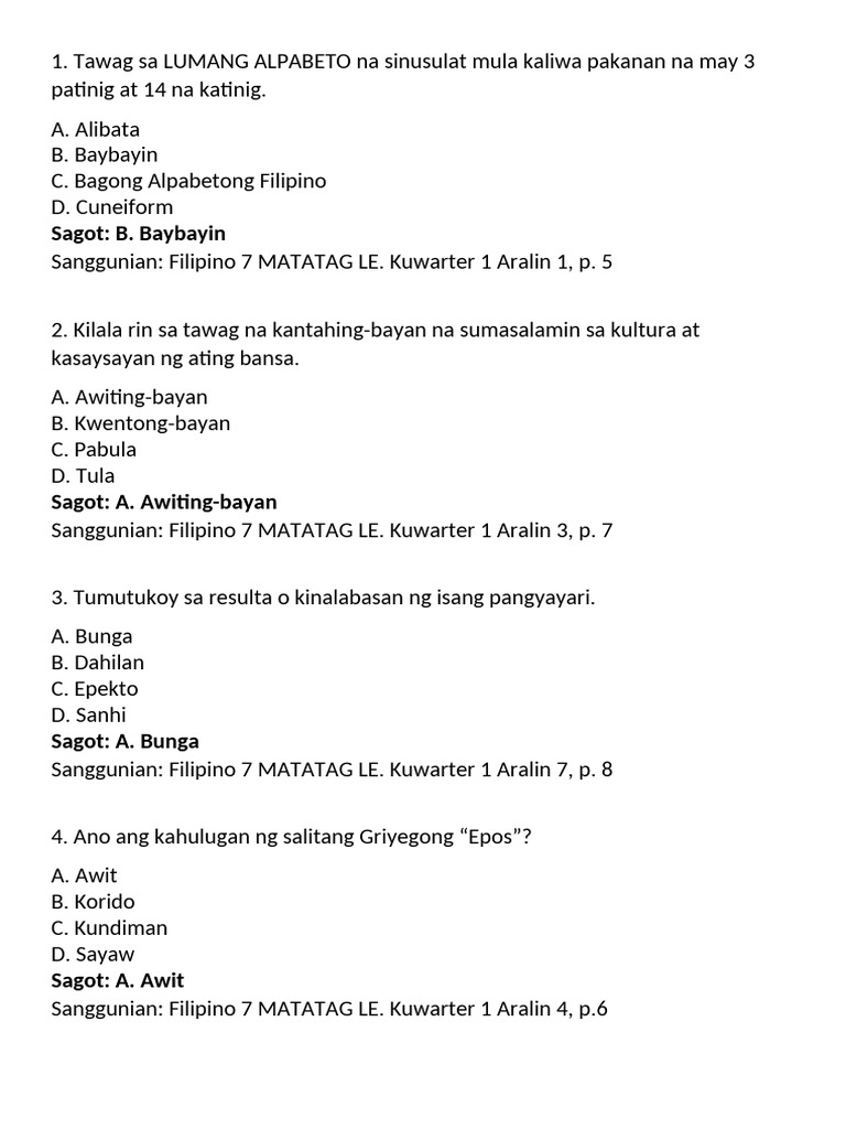 MDR Quiz Bee Filipino 7 | PDF