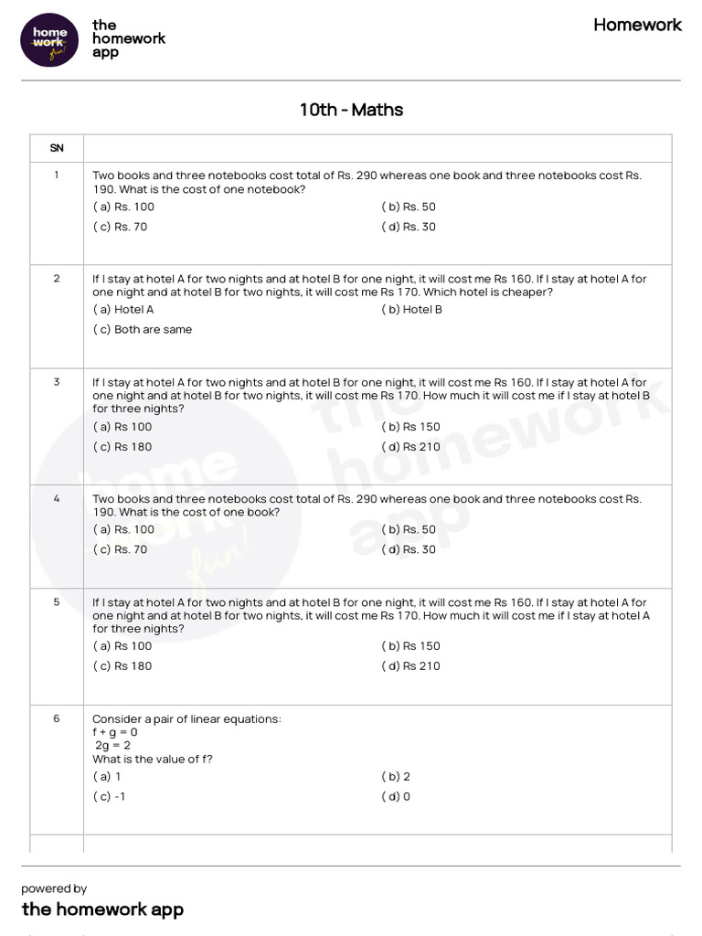 Questions - Homework - 10th - Maths - 2025-07-10T1133 | PDF | Equations ...