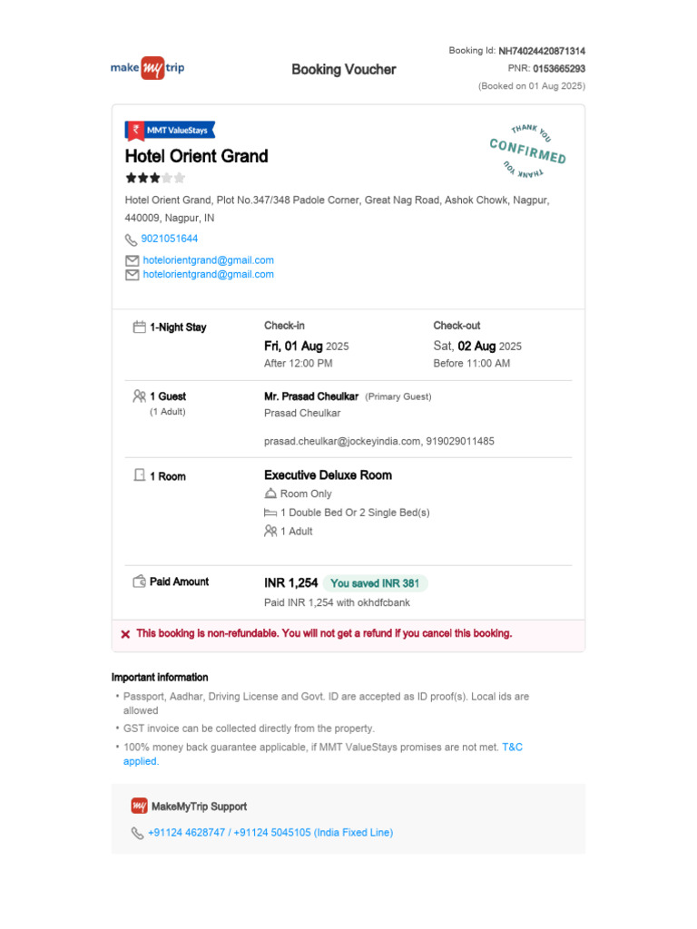 MakeMyTrip Hotel Booking Confirmation | PDF