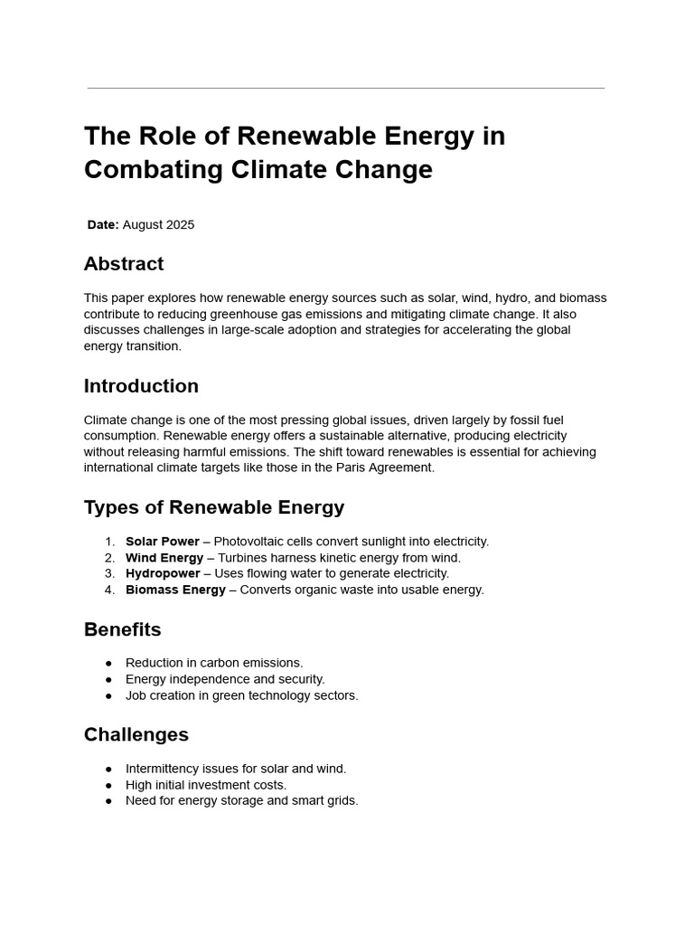 The Role of Renewable Energy in Combating Climate Change | PDF