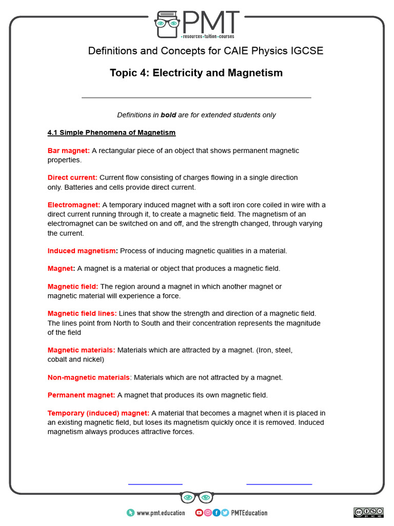 Definitions - Topic 4 Electricity and Magnetism - CAIE Physics IGCSE | PDF