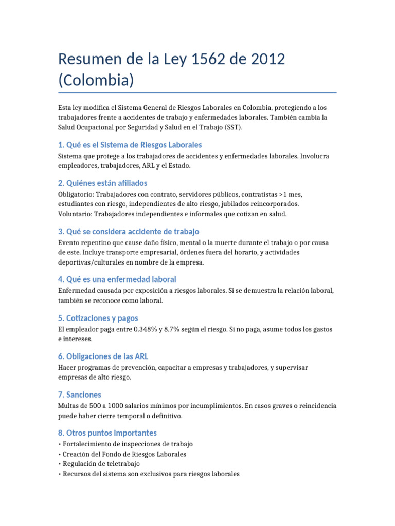 Resumen Ley 1562 2012 Con Cuadro | PDF | Derecho laboral | Seguridad y ...