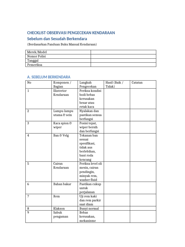 Checklist Pengecekan Kendaraan Berkendara | PDF