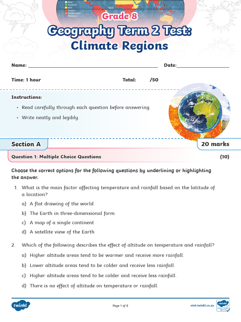 Grade 8 Geography Term 2 Test | PDF | Rain | Tropics