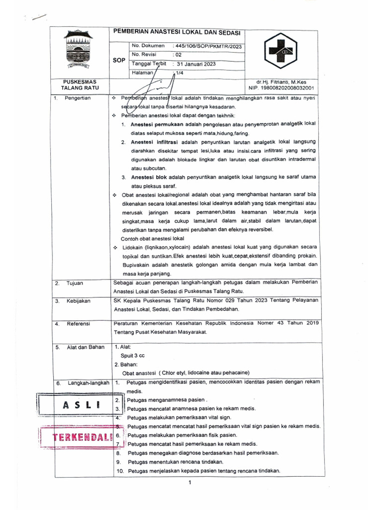 SOP Pemberian Anastesi Lokal Dan Sedasi | PDF
