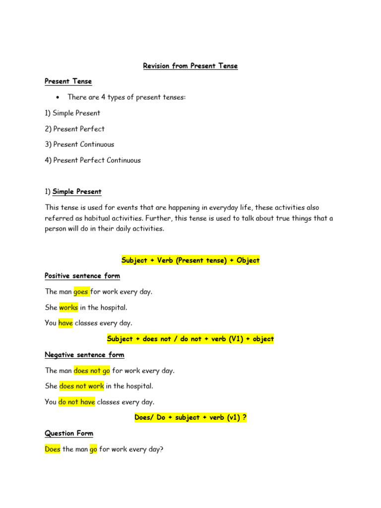 Present Tense Revision Exercises | PDF | Verb | Subject (Grammar)