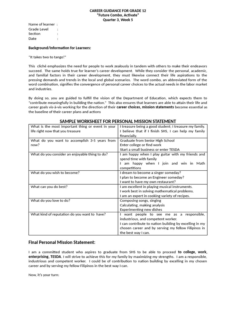 Grade 12 Career Guidance Worksheet | PDF