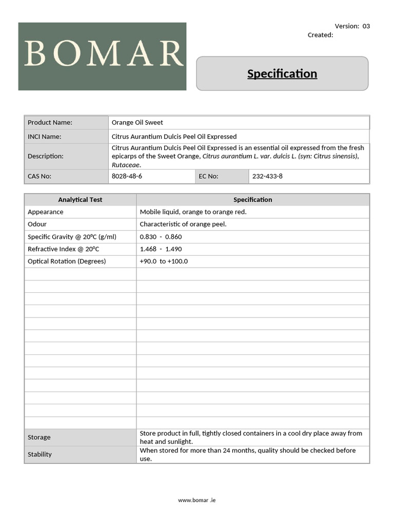 Bomar Orange Oil Sweet - Spec | PDF
