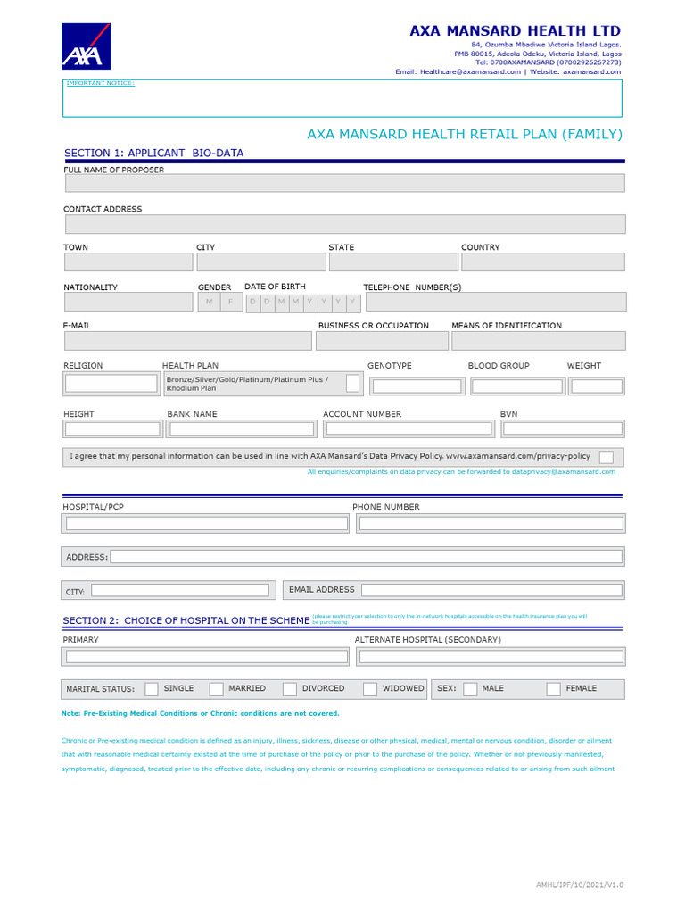 AXA Mansard Health Insurance Application | PDF | Insurance | Underwriting