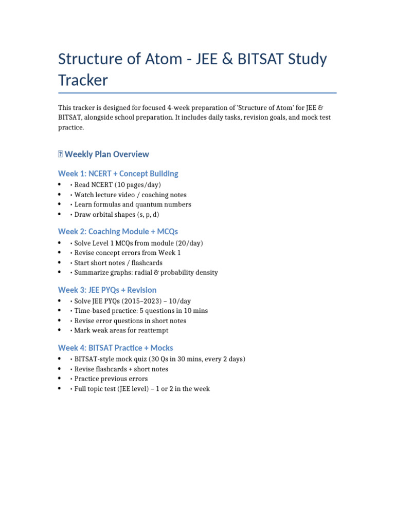 Structure Atom Study Tracker JEE BITSAT | PDF