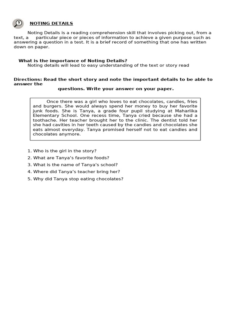 Noting Details in Tanya's Story | PDF