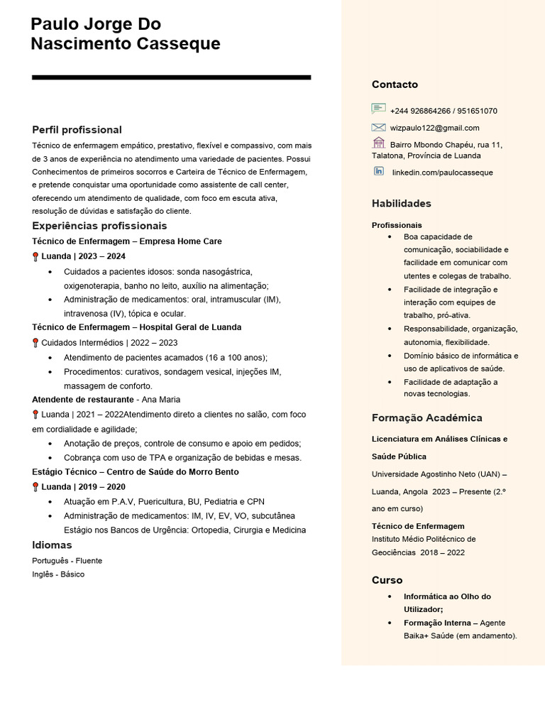 CV Paulo Casseque Assistente CallCenter | PDF | Enfermagem | Remédio