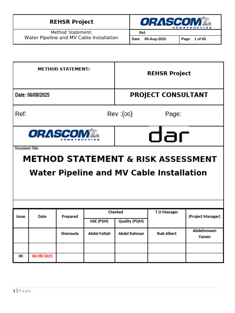 Method Statement For Water Pipeline and MV Cable Installation New | PDF ...