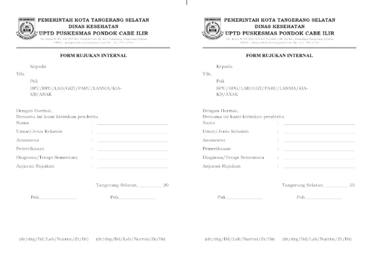 Form Surat Rujukan Internal UPTD Puskesmas Pondok Cabe Ilir | PDF