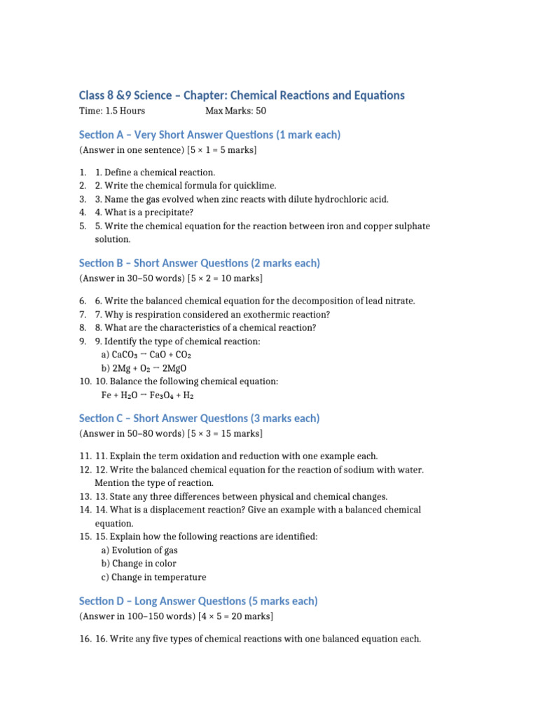Class 8 & 9 Science: Chemical Reactions Guide | PDF