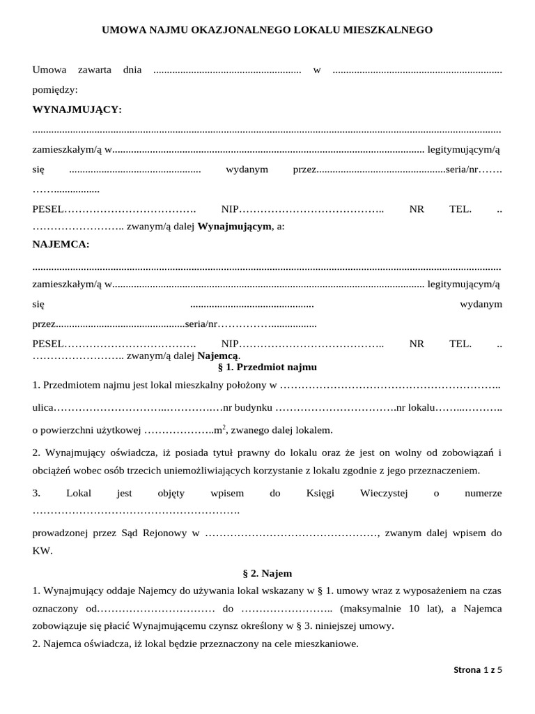 Umowa Najmu Okazjonalnego Lokalu Mieszkalnego Wzor | PDF