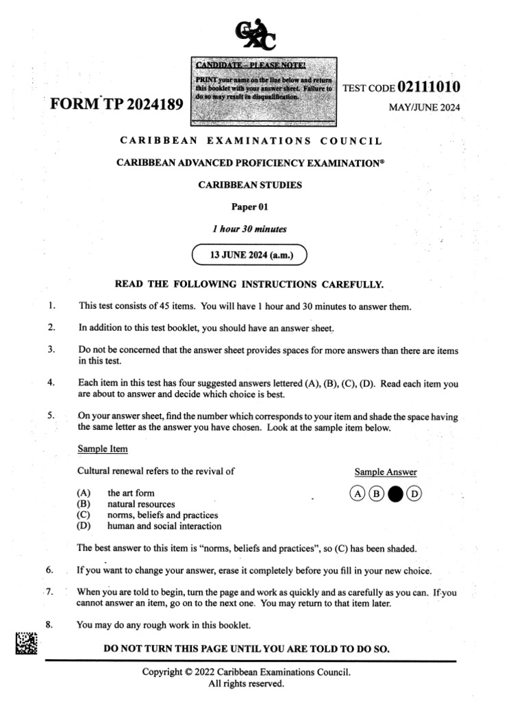 2024 Cape Caribbean Studies Paper 1 | PDF