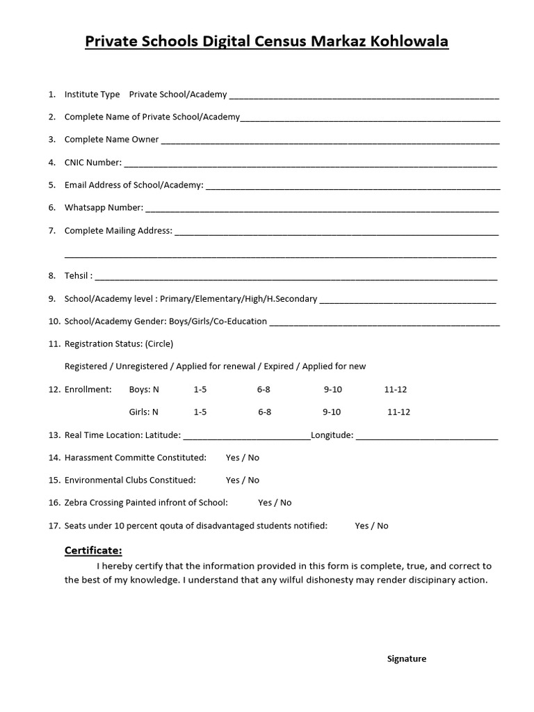 Private Schools Census Form - Markaz Kohlowala | PDF