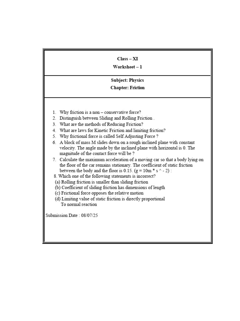 Friction Concepts and Calculations Worksheet | PDF