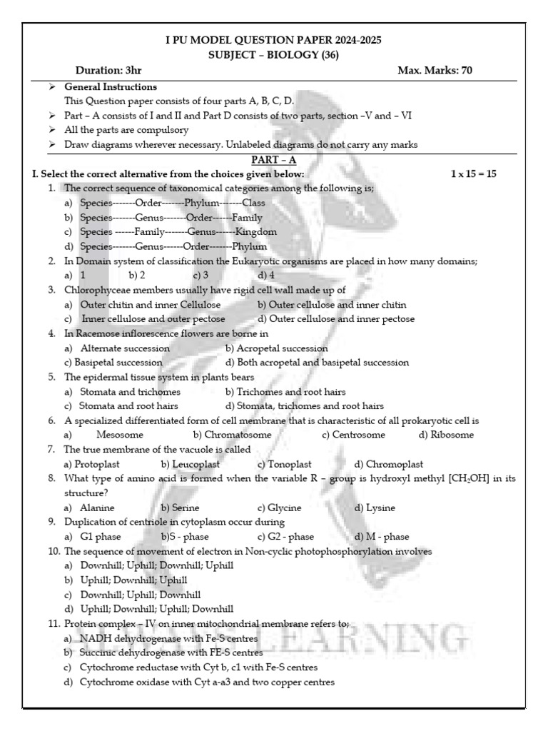 I Pu Biology Model Question Paper 2024-25 | PDF | Blood | Cell (Biology)