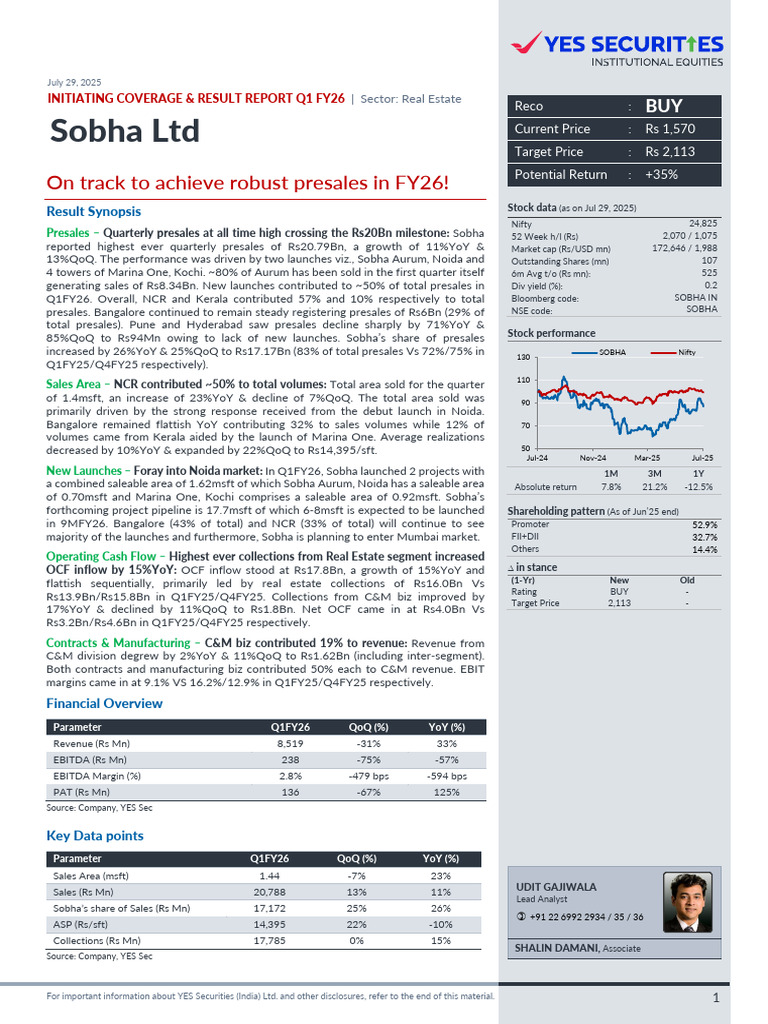 202507 - Sobha Ltd (Yes Securities) | PDF | Economies | Financial ...