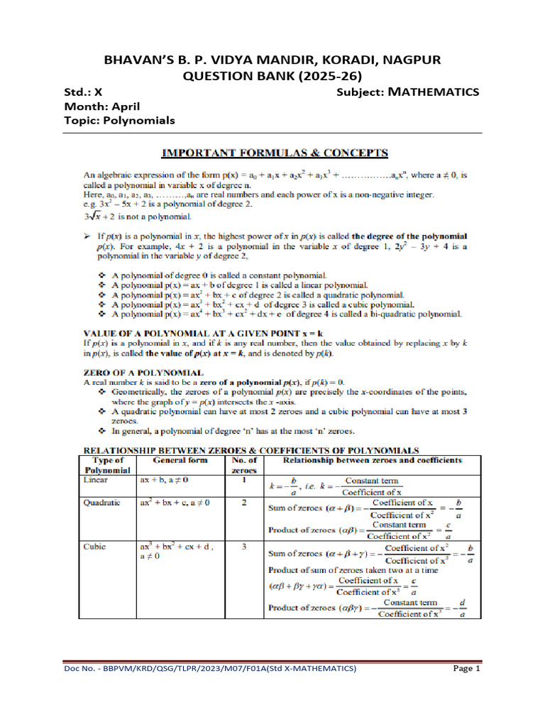 QB Chapter 2 (Polynomials) Class X | PDF | Zero Of A Function | Polynomial