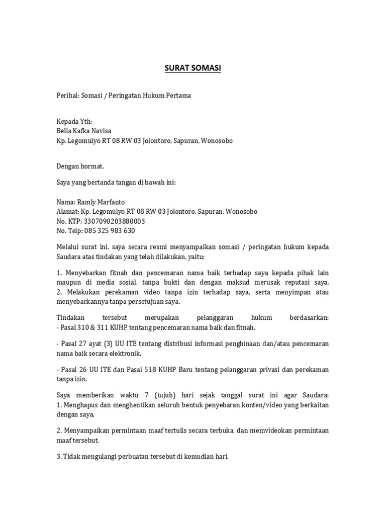 Surat Somasi Pencemaran Nama Baik (1) | PDF