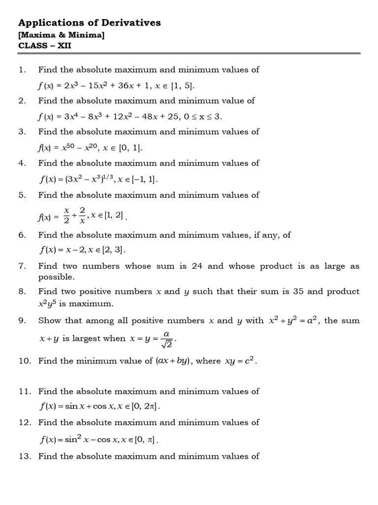 AOD XII MATH Maxima and Minima | PDF | Mathematical Analysis | Calculus