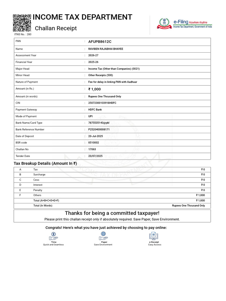Income Tax Challan Receipt for 2025-26 | PDF | Payments | Taxes