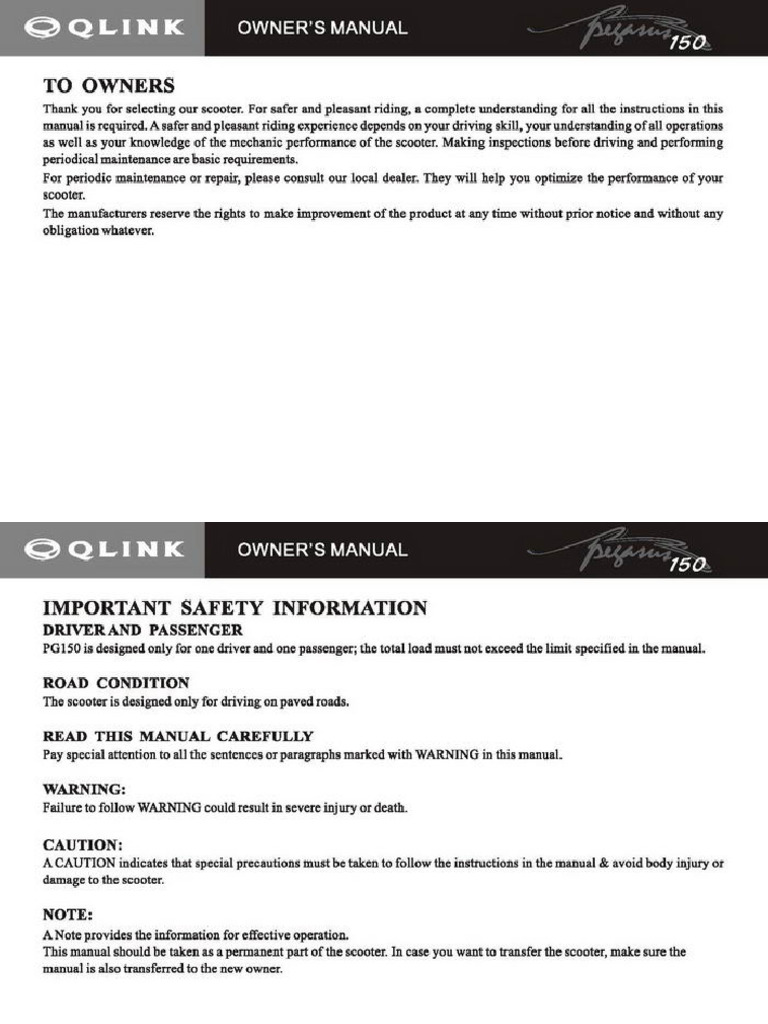 Qlink Pegasus 150cc Manual | PDF