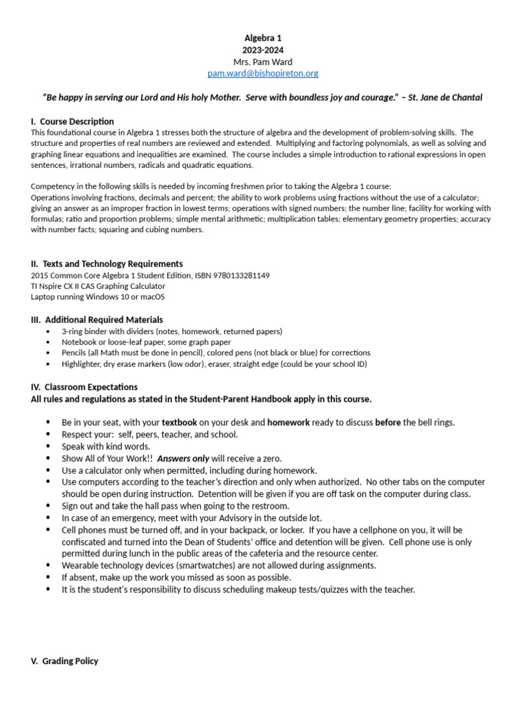Algebra 1 Syllabus 2023-2024 | PDF | Algebra | Numbers