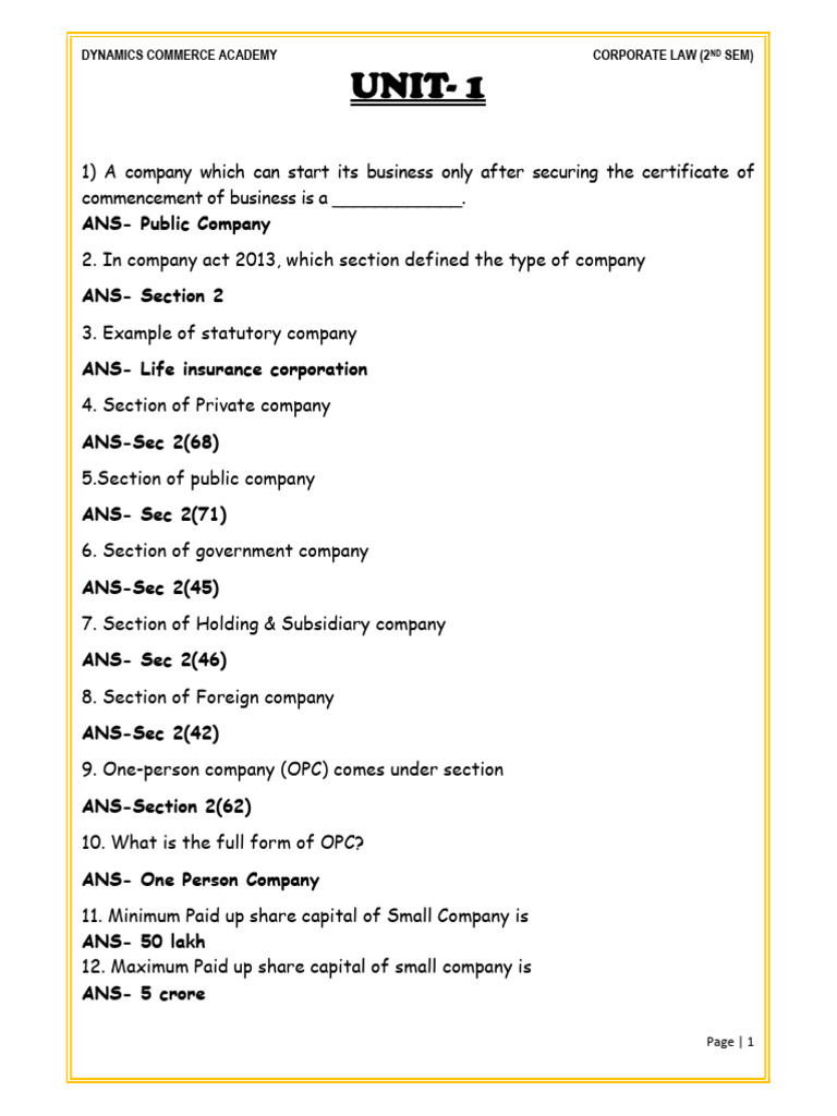 Corporate Law Unit 1 (1 Mark) | PDF | Companies | Articles Of Association