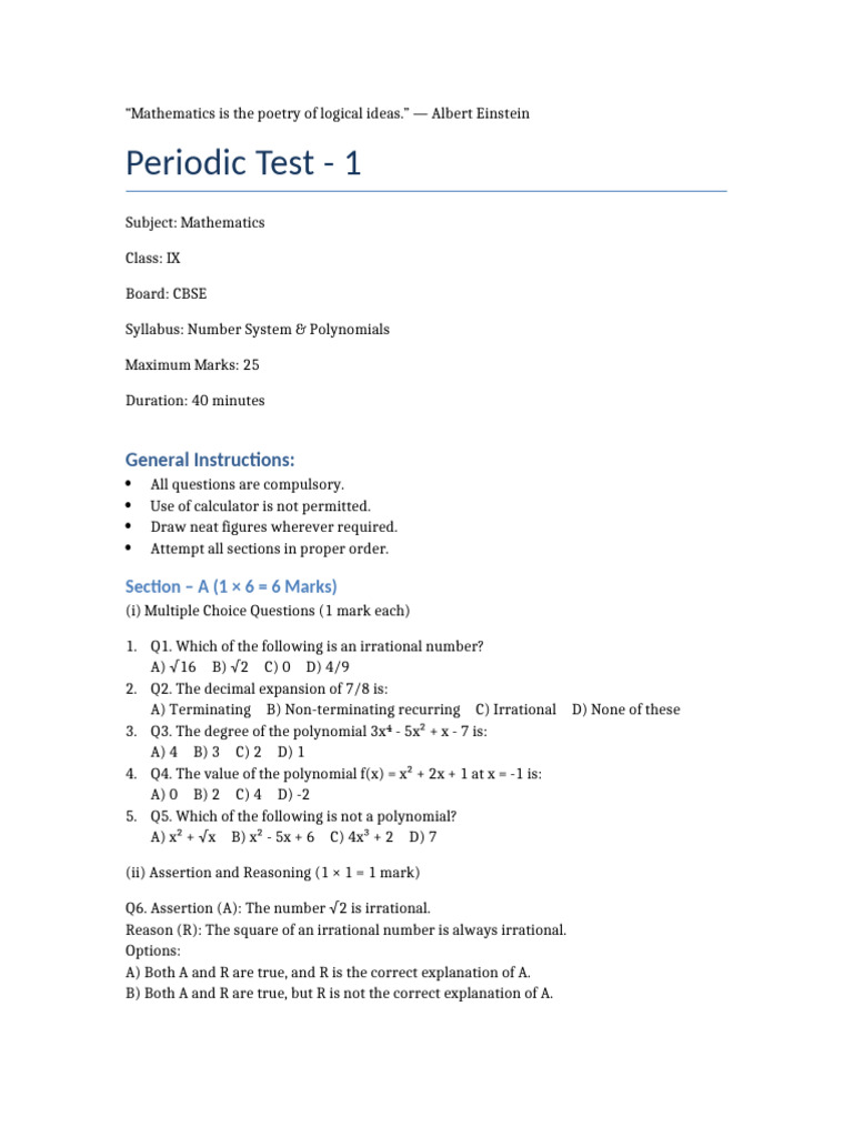 Mathematics Periodic Test - Class IX | PDF