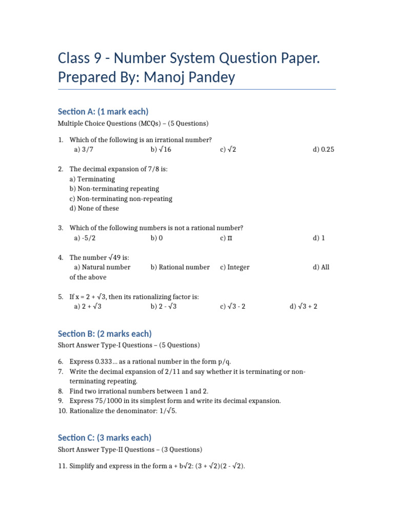 Class9 NumberSystem QuestionSet Updated | PDF | Numbers | Rational Number