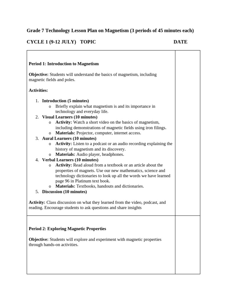 Grade 7 Technology Lesson Plan On Magnetism | PDF | Magnetism | Compass