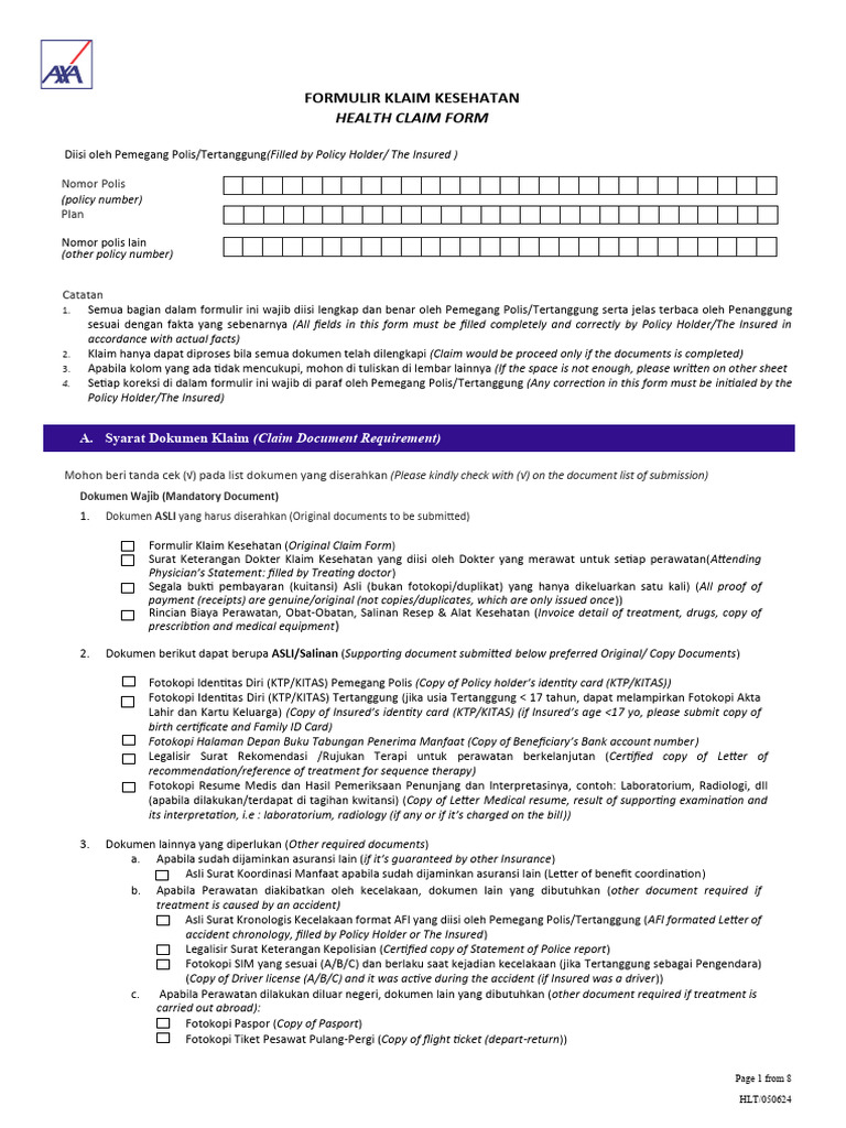 Formulir Klaim Kesehatan Asuransi | PDF