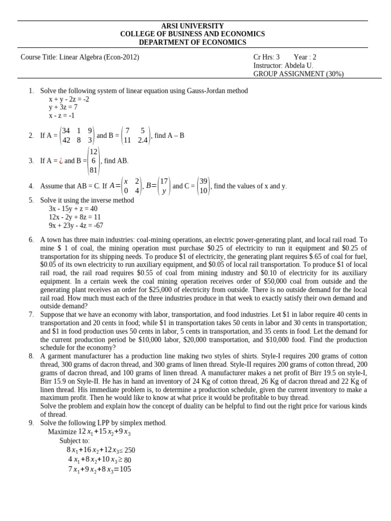 Linear Algebra Assignment Solutions | PDF | Profit (Economics) | Algebra