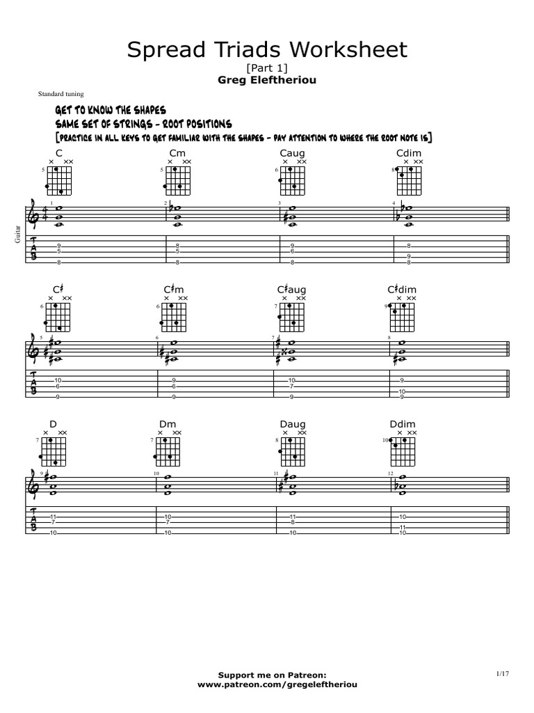 Spread Triads Guitar Worksheet | PDF | Chord (Music) | Elements Of Music