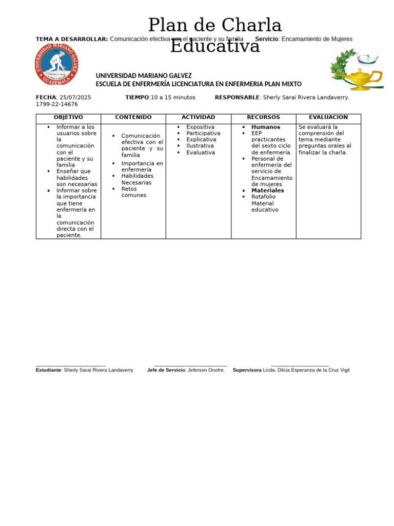 PLAN DE CHARLA EDUCATIVA Comunicacion Paciente | PDF
