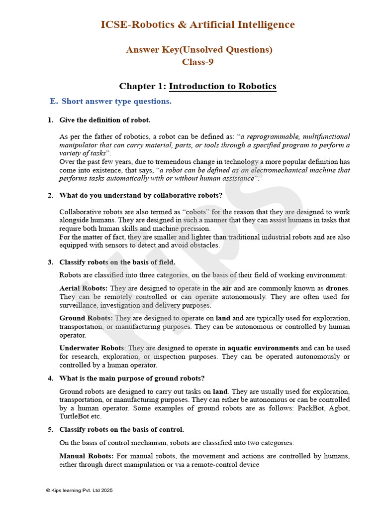 Answer Key ICSE Robotics and Artificial Intelligence Class 9 | PDF ...