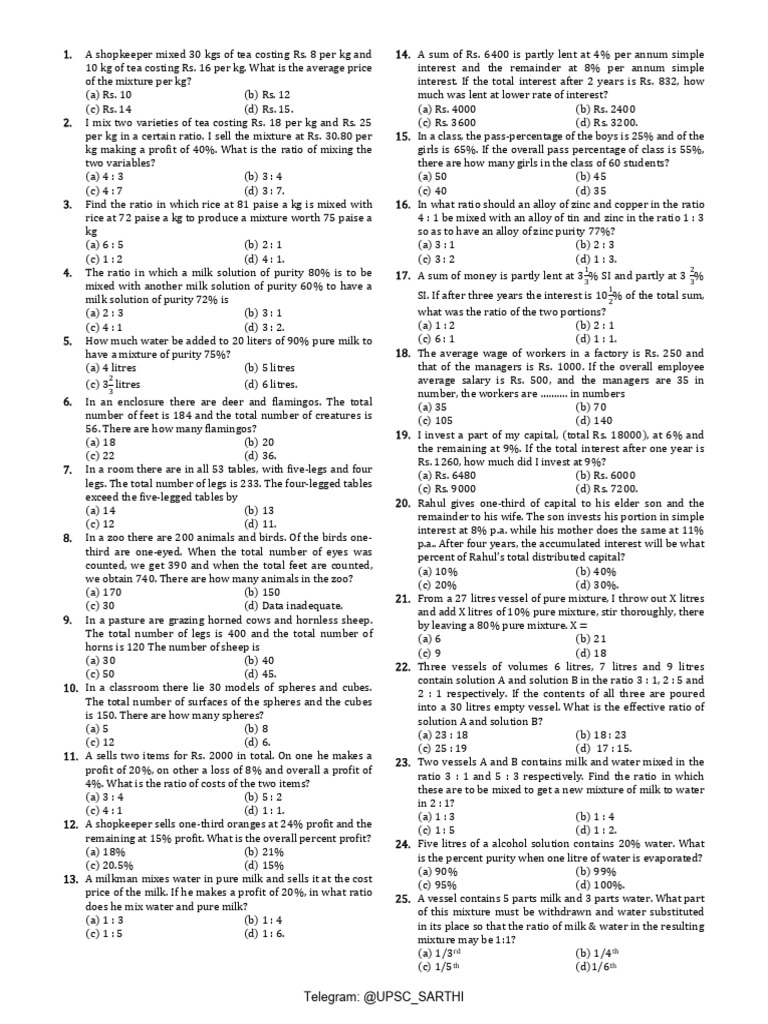 Mixtures and Alligation Problems | PDF